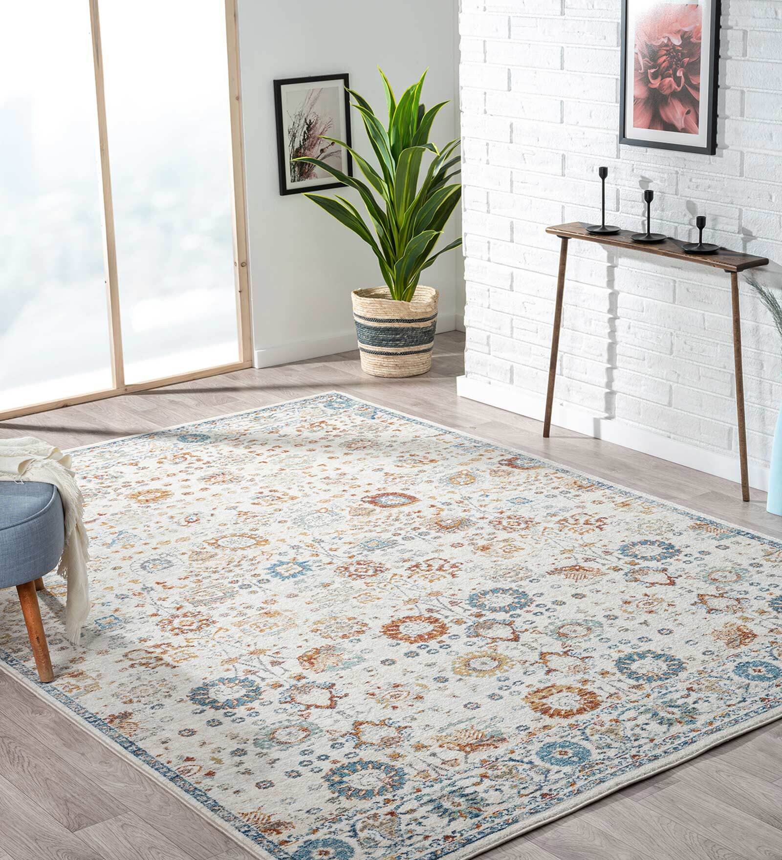 Buy Beige Floral Polypropylene 4 ft x 6 ft Machine Made Carpet by ...