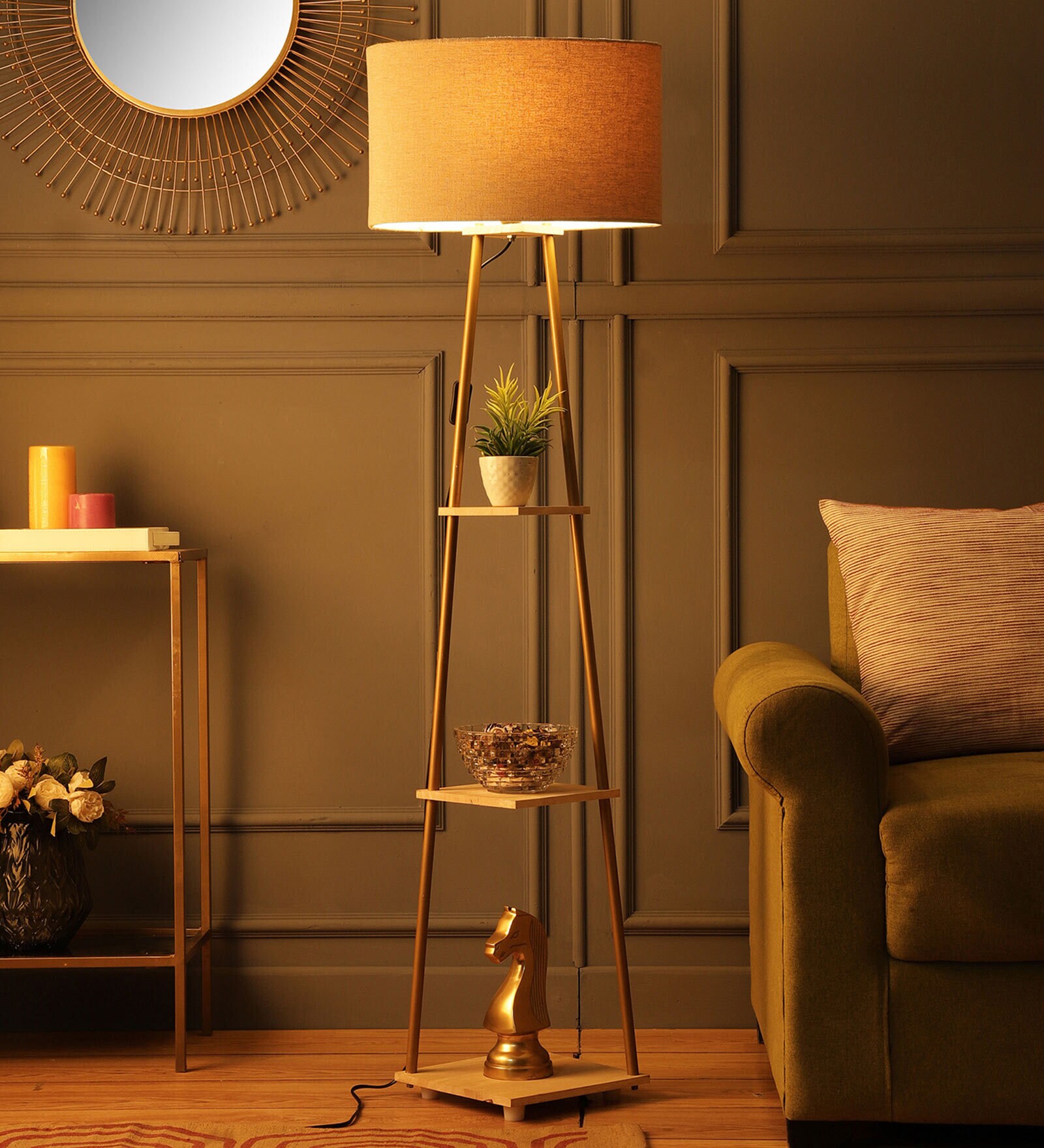 Buy Francis Beige Cotton Fabric Shade Shelf Floor Lamp With Wood ...