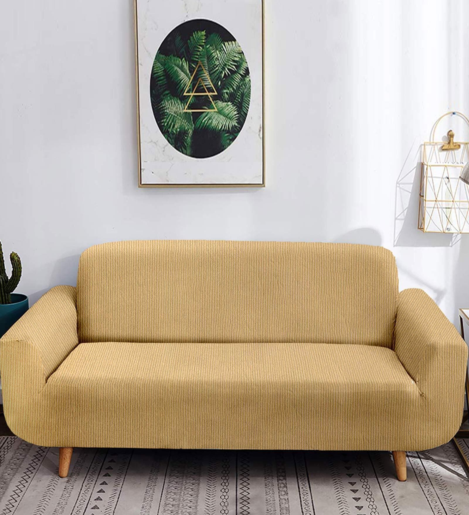 Buy Beige Solid Polyester 91x73 Inches 3 Seater Sofa Cover by Cortina ...