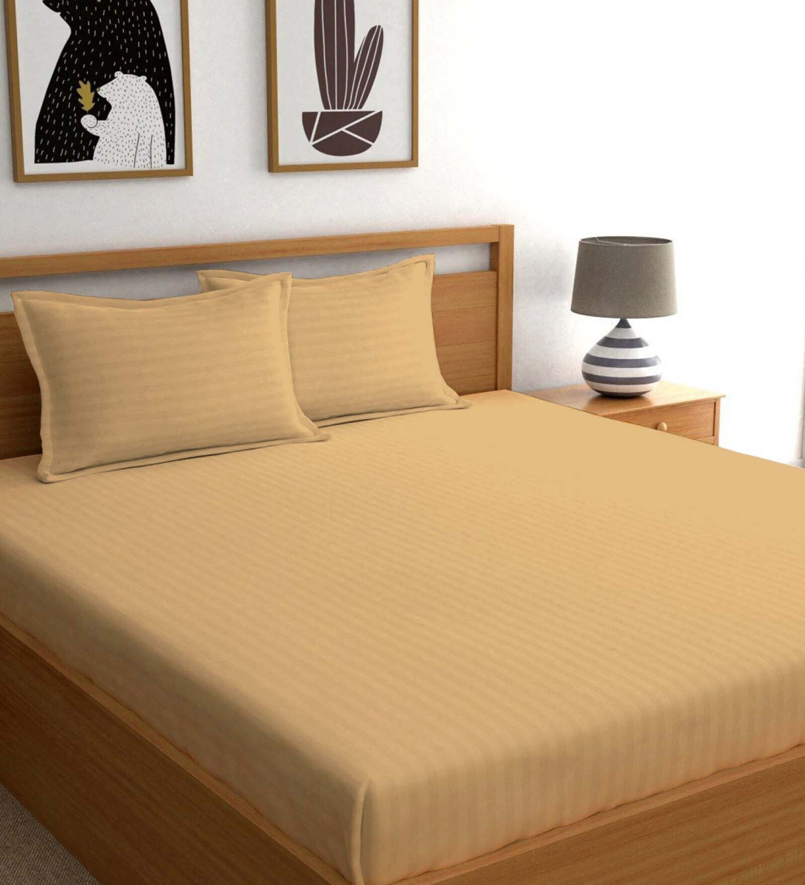 Buy Beige Striped 210 TC 100% Cotton King Sized Bed Sheets with 2 ...