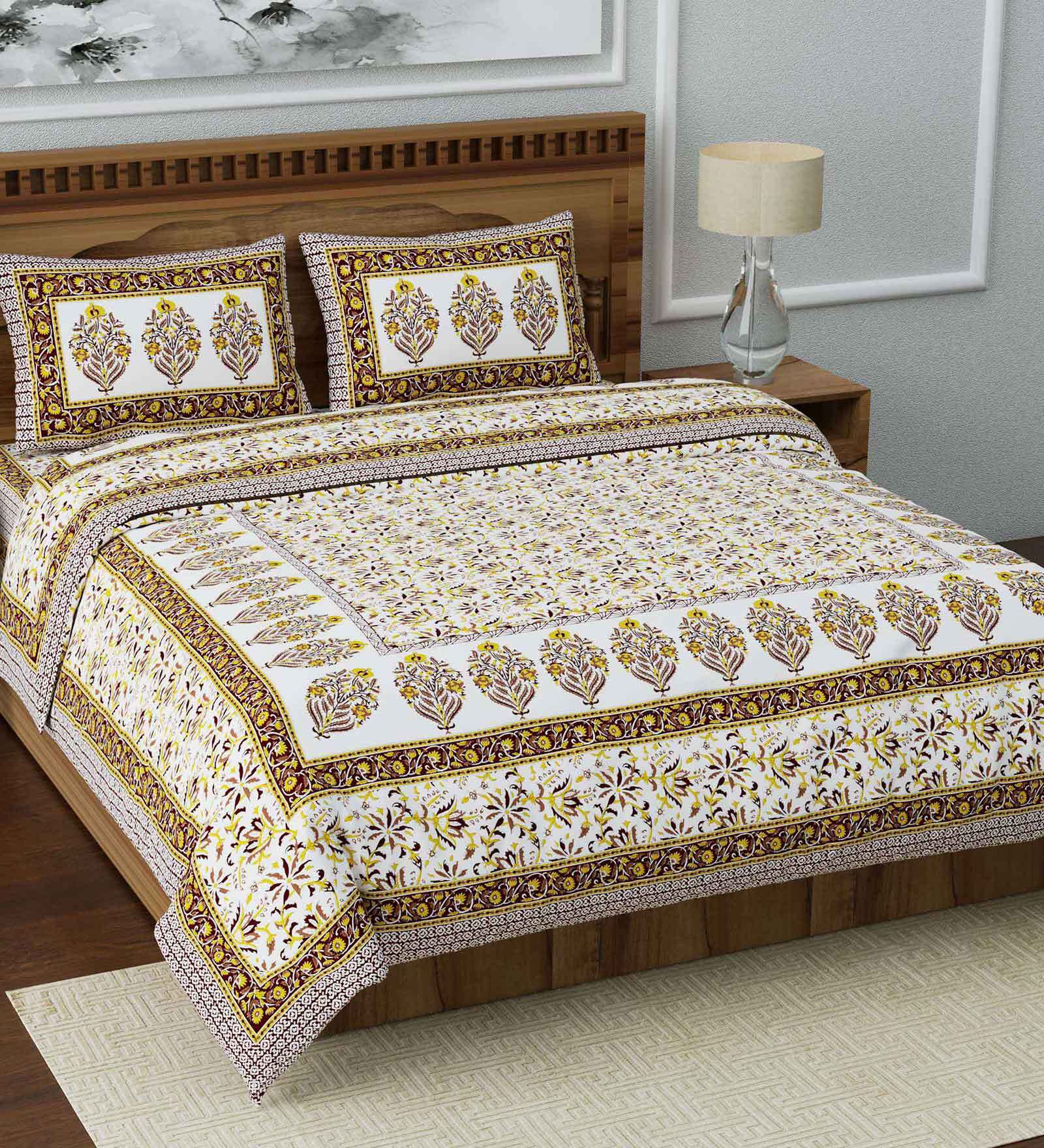 Buy Brown Traditional 210 TC Cotton King Sized Bed Sheets with 2 Pillow ...