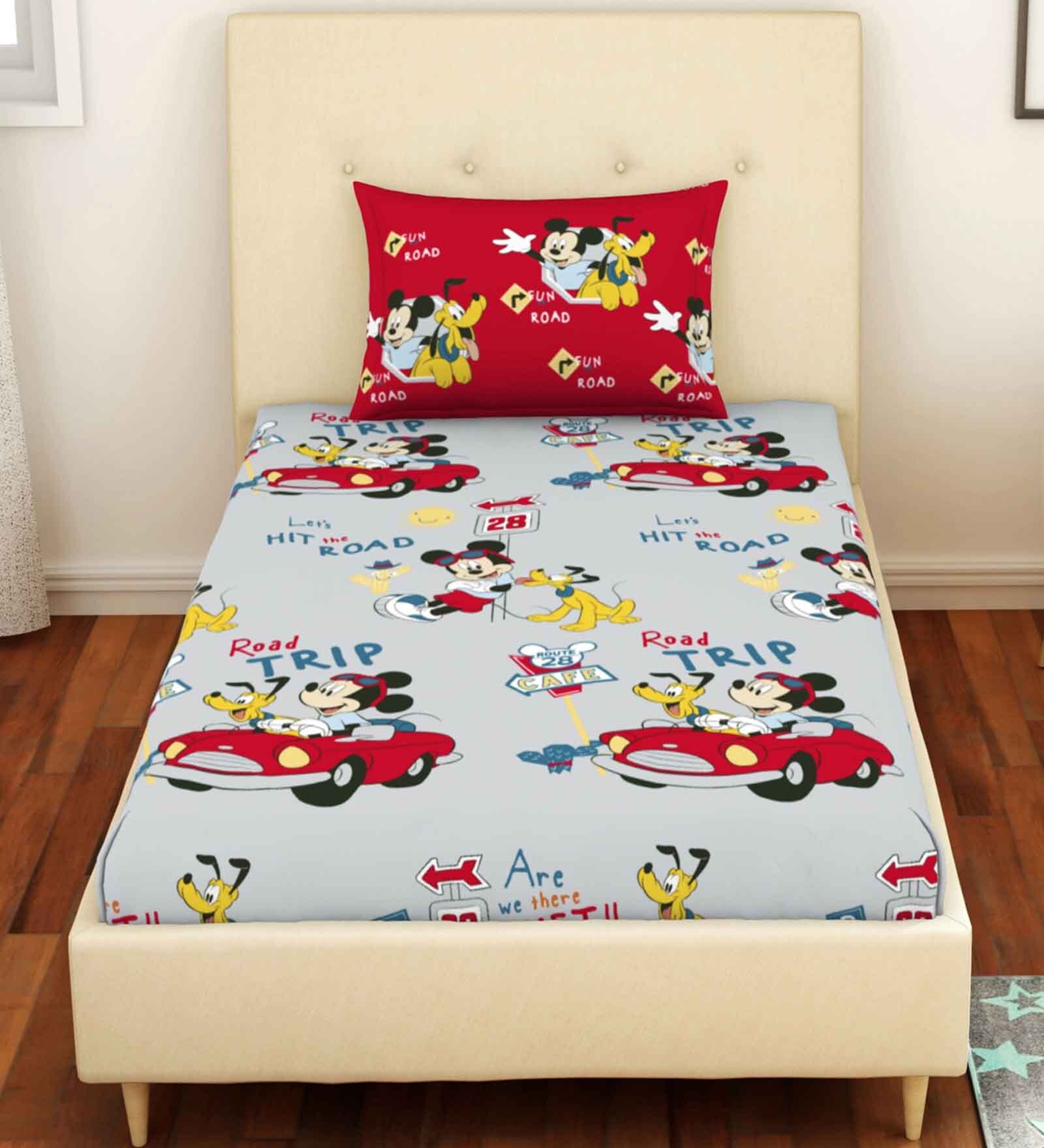 Buy Mickey Mouse Themed Single Bedsheet with 1 Pillow Cover in Red & Grey Colour by Spaces at ...