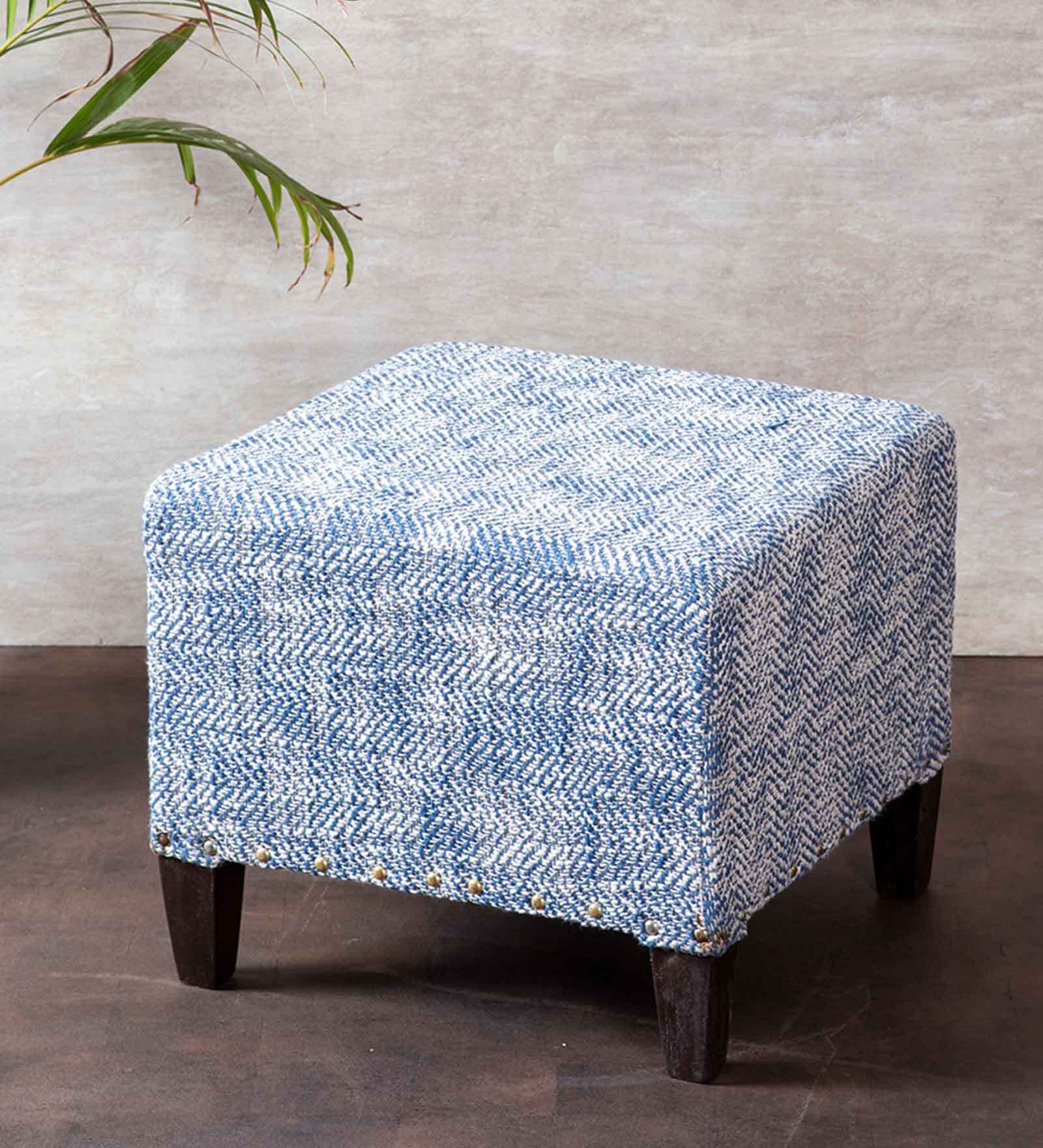 Buy Slub Fabric Seating Stools in Blue Color by NestRoots | Pepperfry