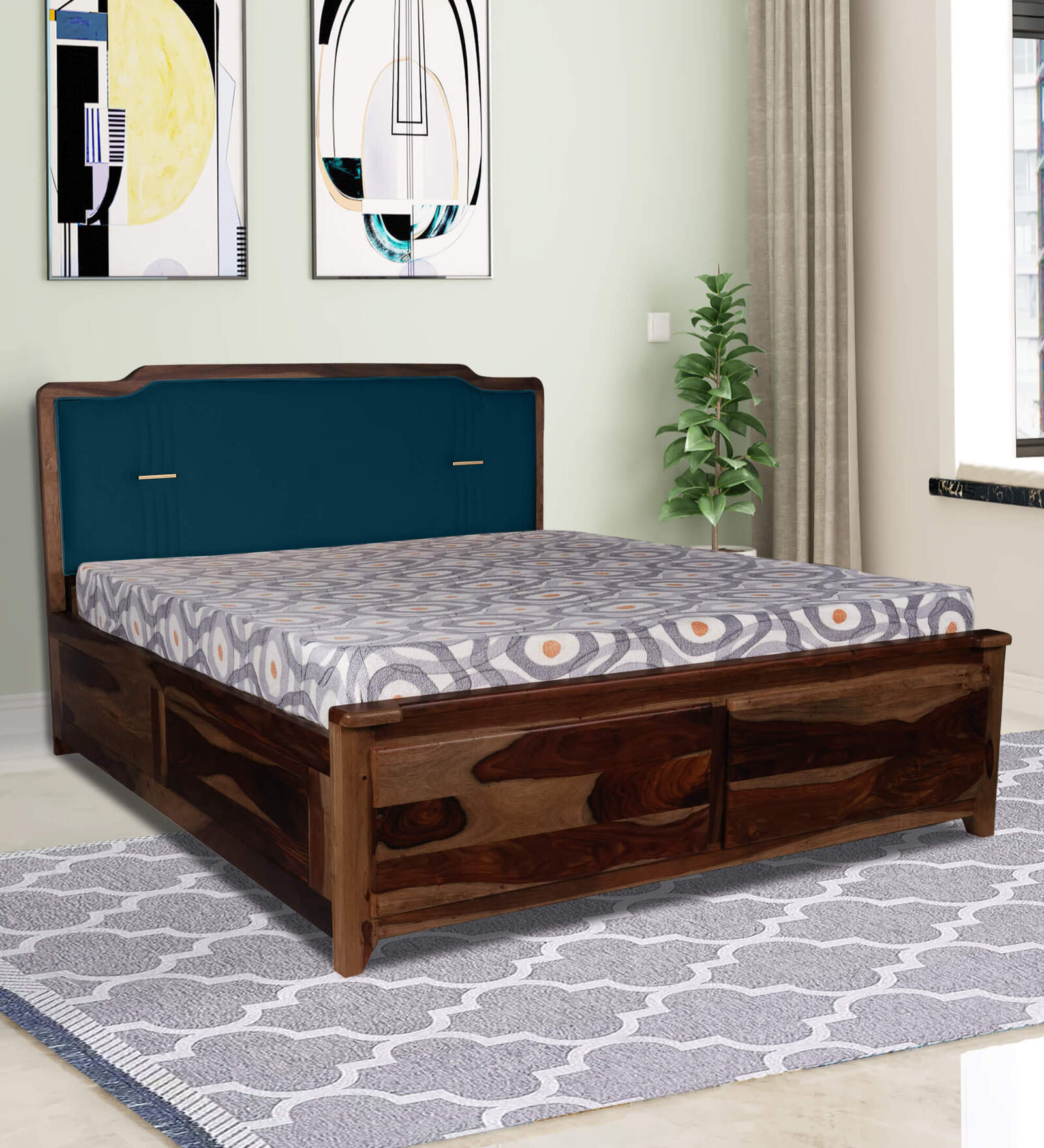 Buy Beuford Sheesham Wood King Size Bed In Crowberry Blue And Walnut ...