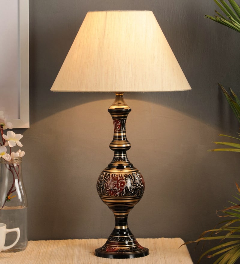 Buy Bolanzo Beige Fabric Shade Night Lamp With Brass Base By ...