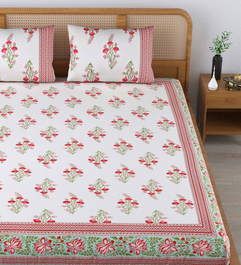 Buy Beige Floral TC Cotton King Size Bedsheet With 2 Pillows Divine ...