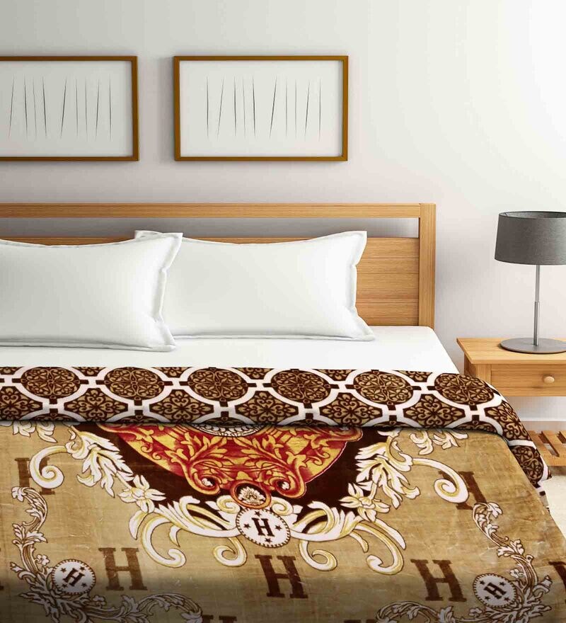 Buy Beige Wool Printed 850 GSM Double Bed Blanket by Klotthe Online ...