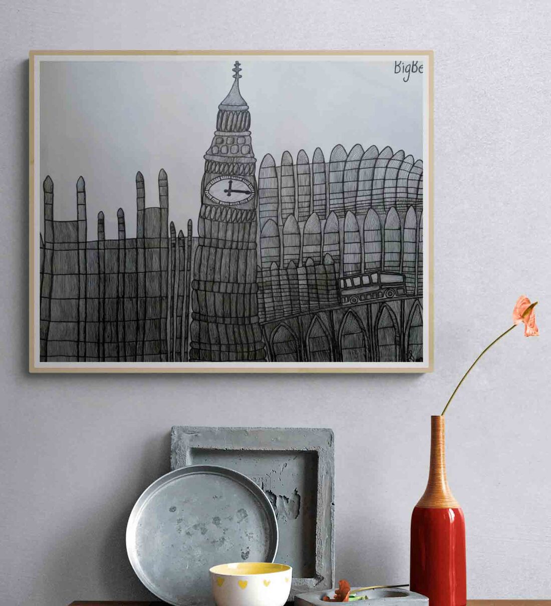 Buy Big Ben Handmade Pencil, Ink & Charcoal On Unframed Canvas Painting ...