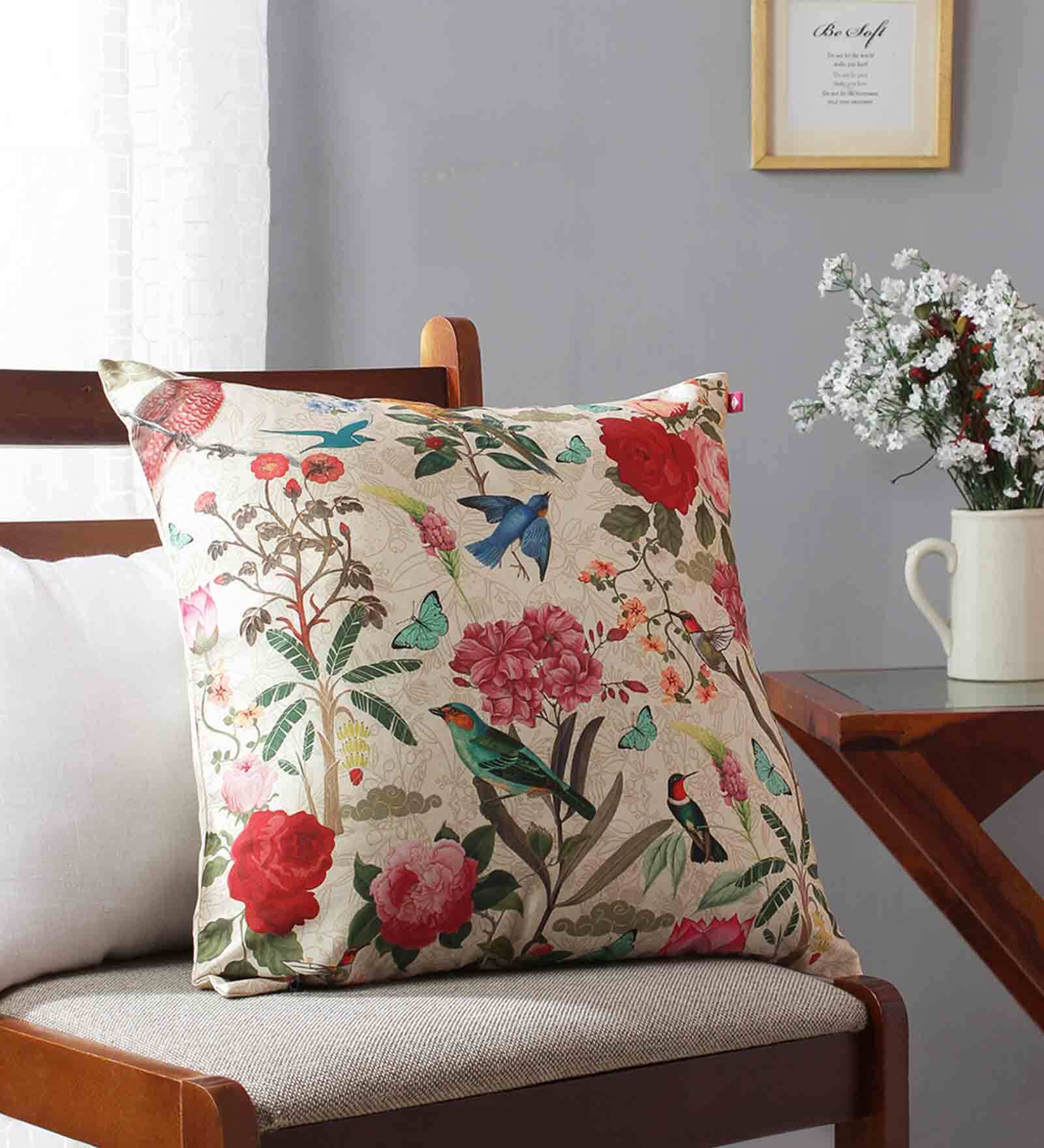Buy Beige Floral Silk 12 x 12 Inches Cushion Cover by India Circus by ...