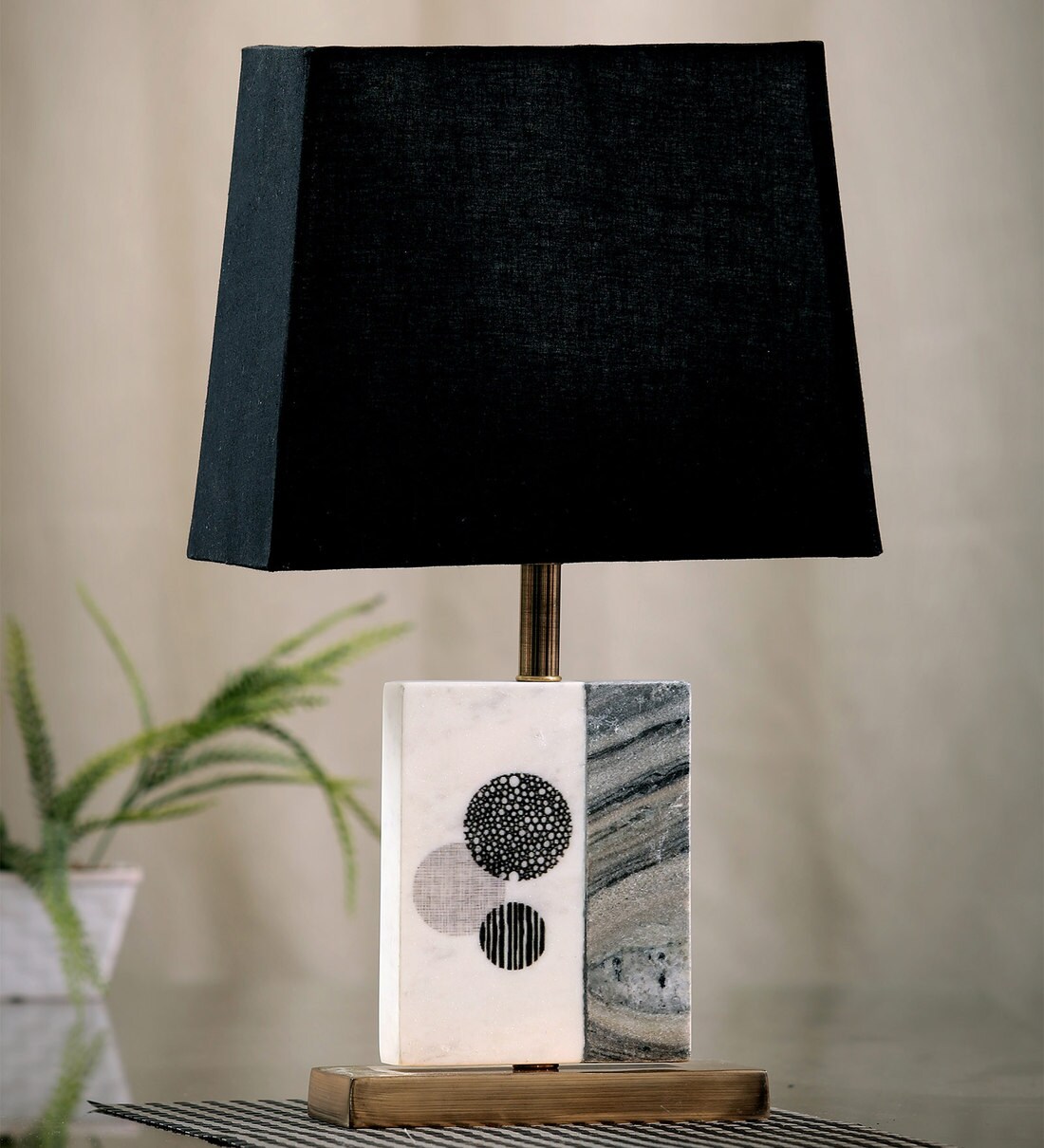 Buy Black Fabric Shade Marble Table LED Lamp With Antique Brass Base By ...