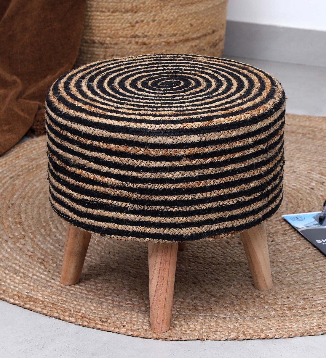 Buy Jute Fabric Seating Stool in Black & Natural Colour Online ...