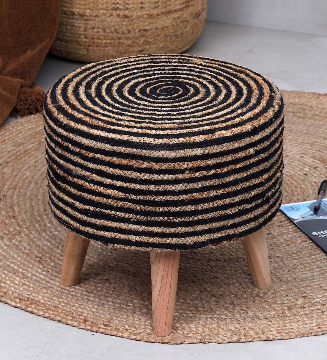 Buy Jute Fabric Seating Stool in Black & Natural Colour Online ...