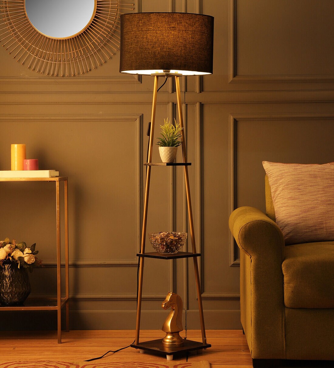 Buy Trapzo Black Cotton Fabric Shade Shelf Floor Lamp With Wood & Metal ...