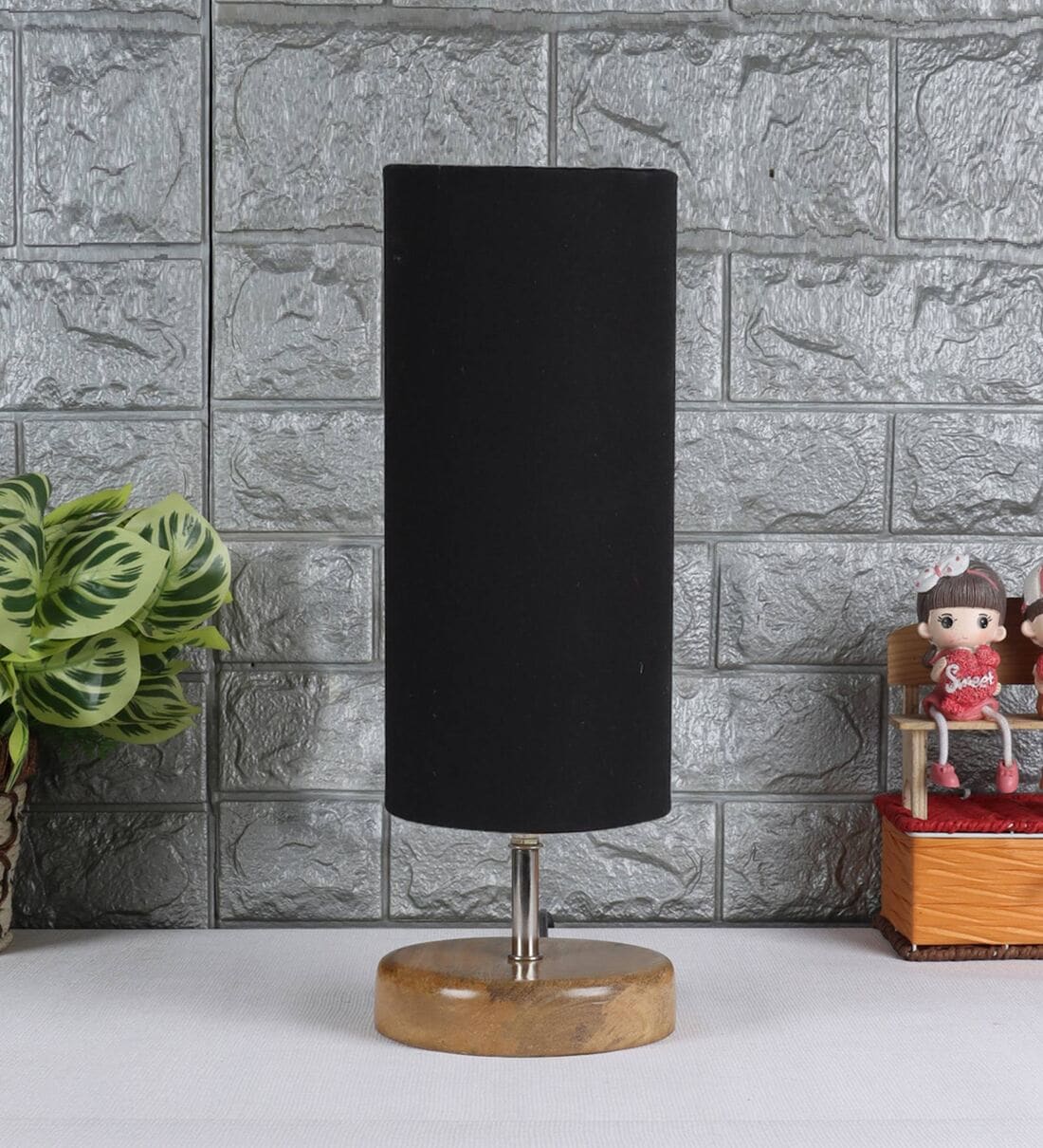 Buy Black Shade Table Lamp With Wood Base By New Era Online - Column ...