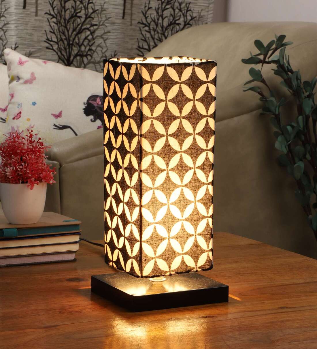 Buy Black Square metal base Table lamp with Geometric Print shade by Tu ...