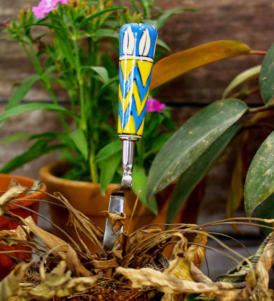 Buy Blue & Yellow Stainless Steel Khurpi For Small Pots With Ceramic ...