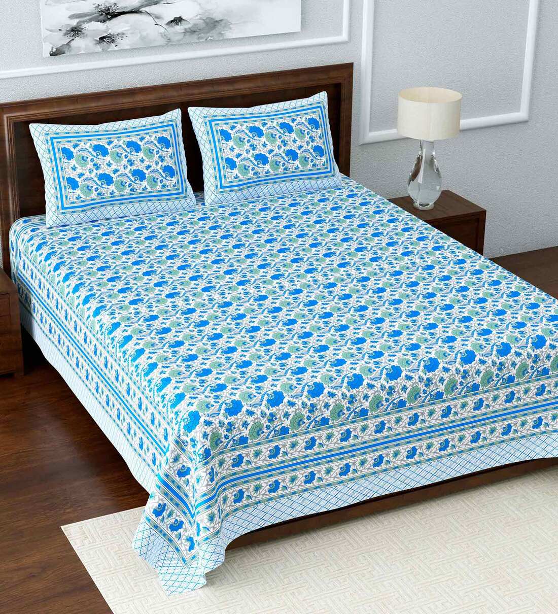 Buy Blue Floral 108 TC Cotton King Sized Bed Sheets with 2 Pillow ...