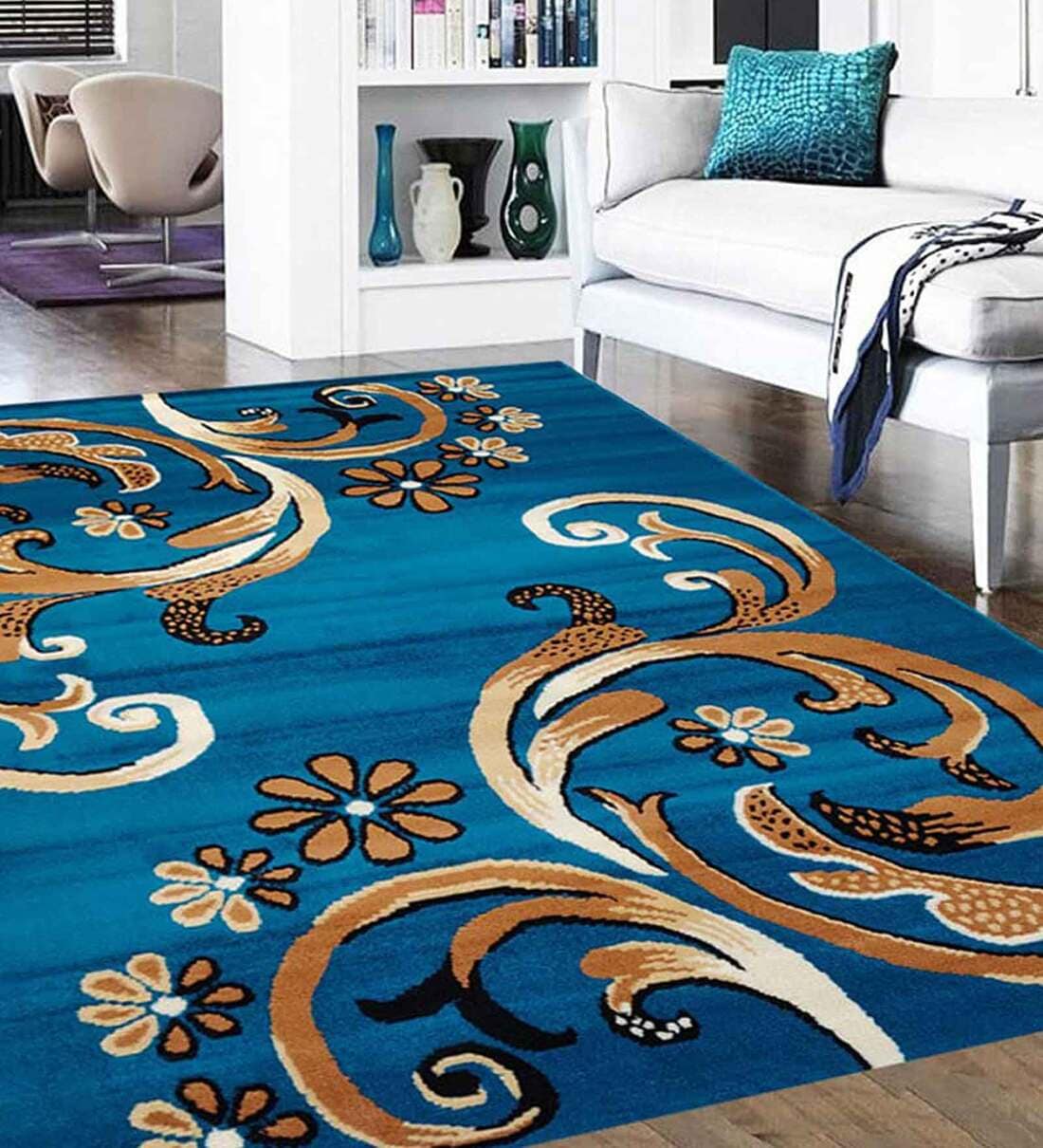 Buy Blue Floral Acrylic 5 ft x 7 ft Machine Made Carpet by Rida ...