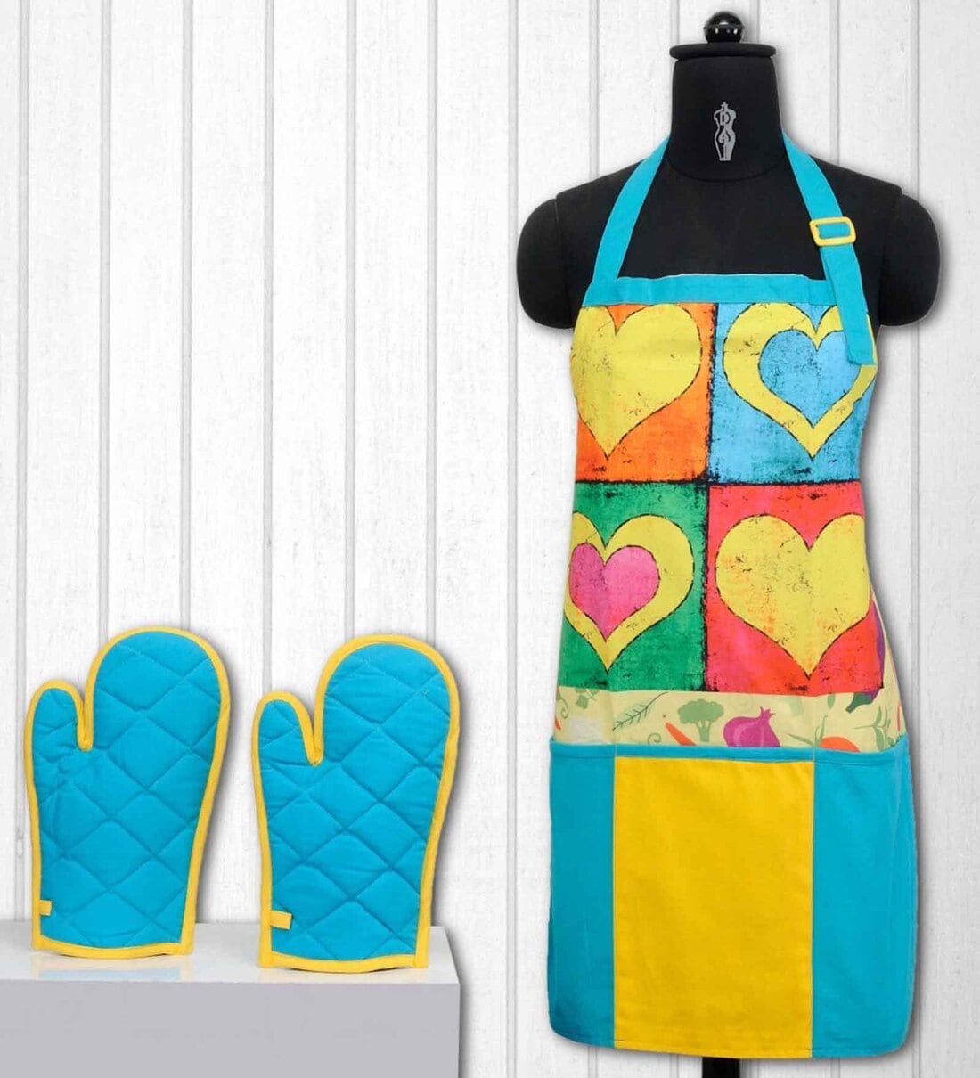 Buy Buy 1 Blue & Yellow Cotton Apron and Get Mitten (Gloves) Set Free ...