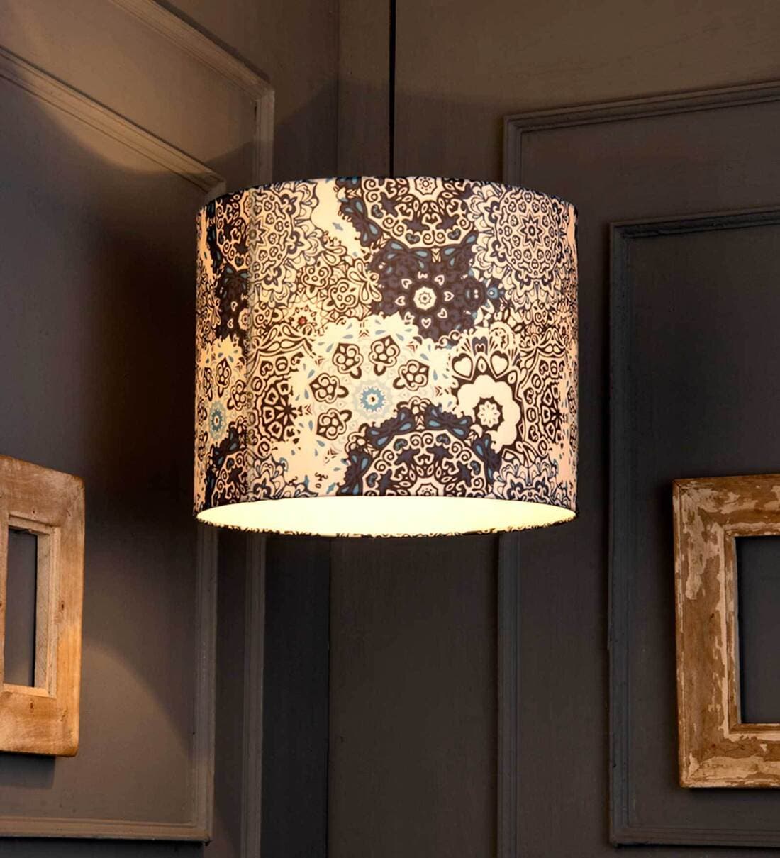 Buy Blue Batik Print Round Multicolor Fabric Single Hanging Light By ...