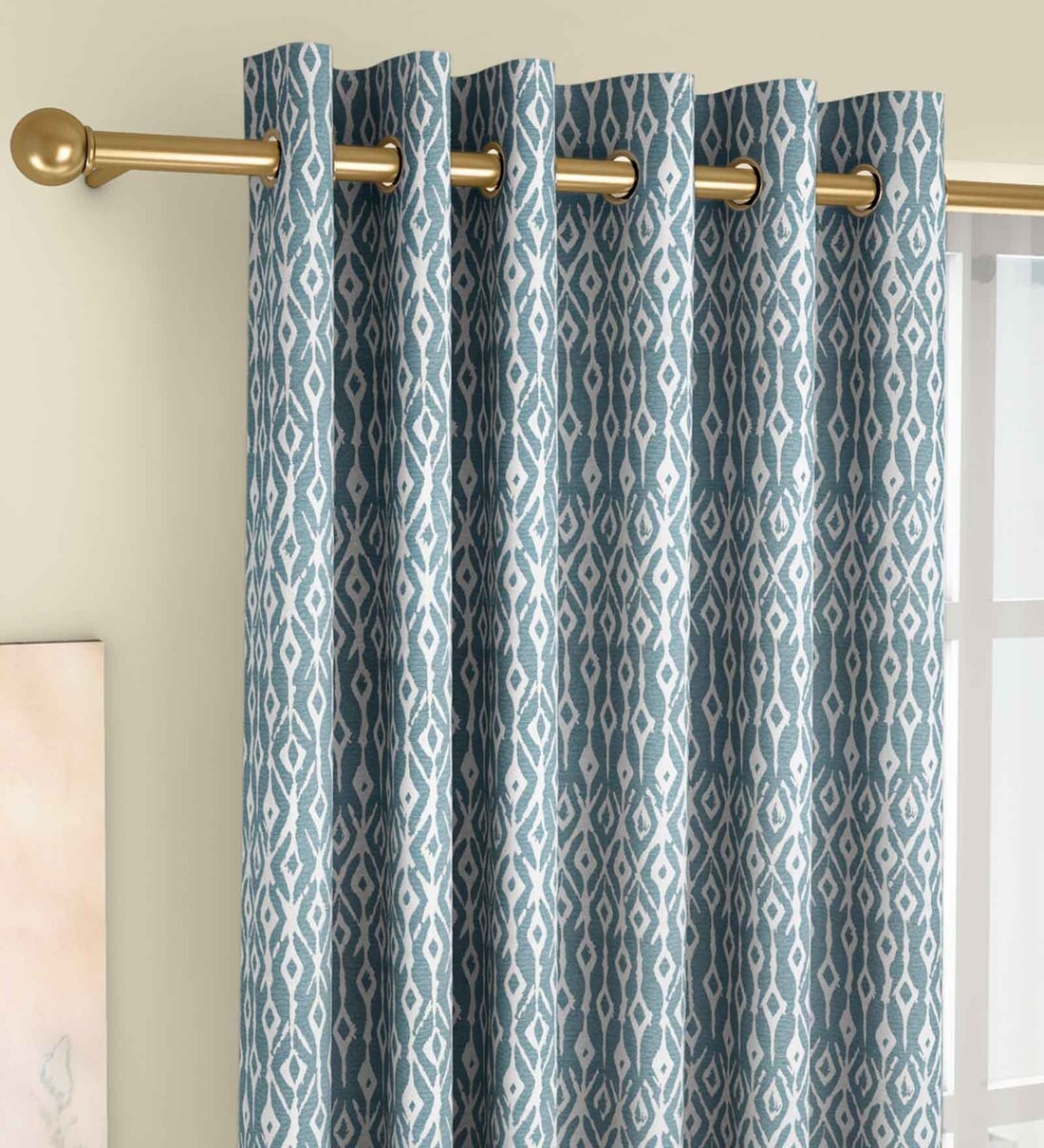 Buy Blue Geometric Poly Cotton 5 Ft Semisheer Eyelet Window Curtains ...