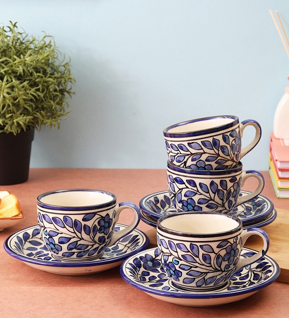 Buy 150 ML Blue Ceramic Cups & Saucers Set of 4 by VarEesha Online ...