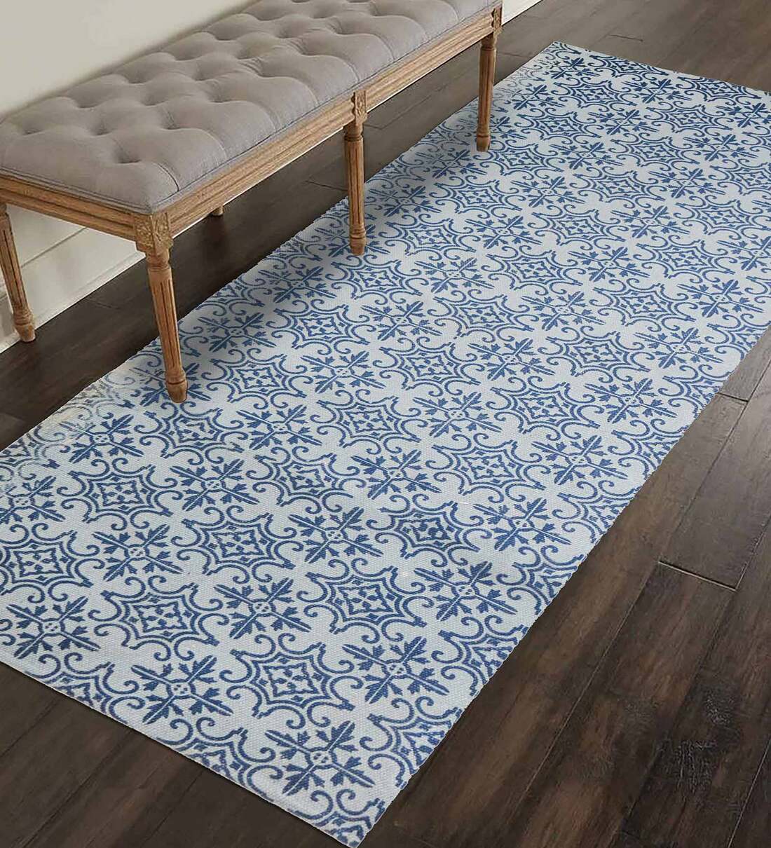 Buy Blue Cotton Traditional 72x24 Inches Bedside Runner by Potlistudio ...