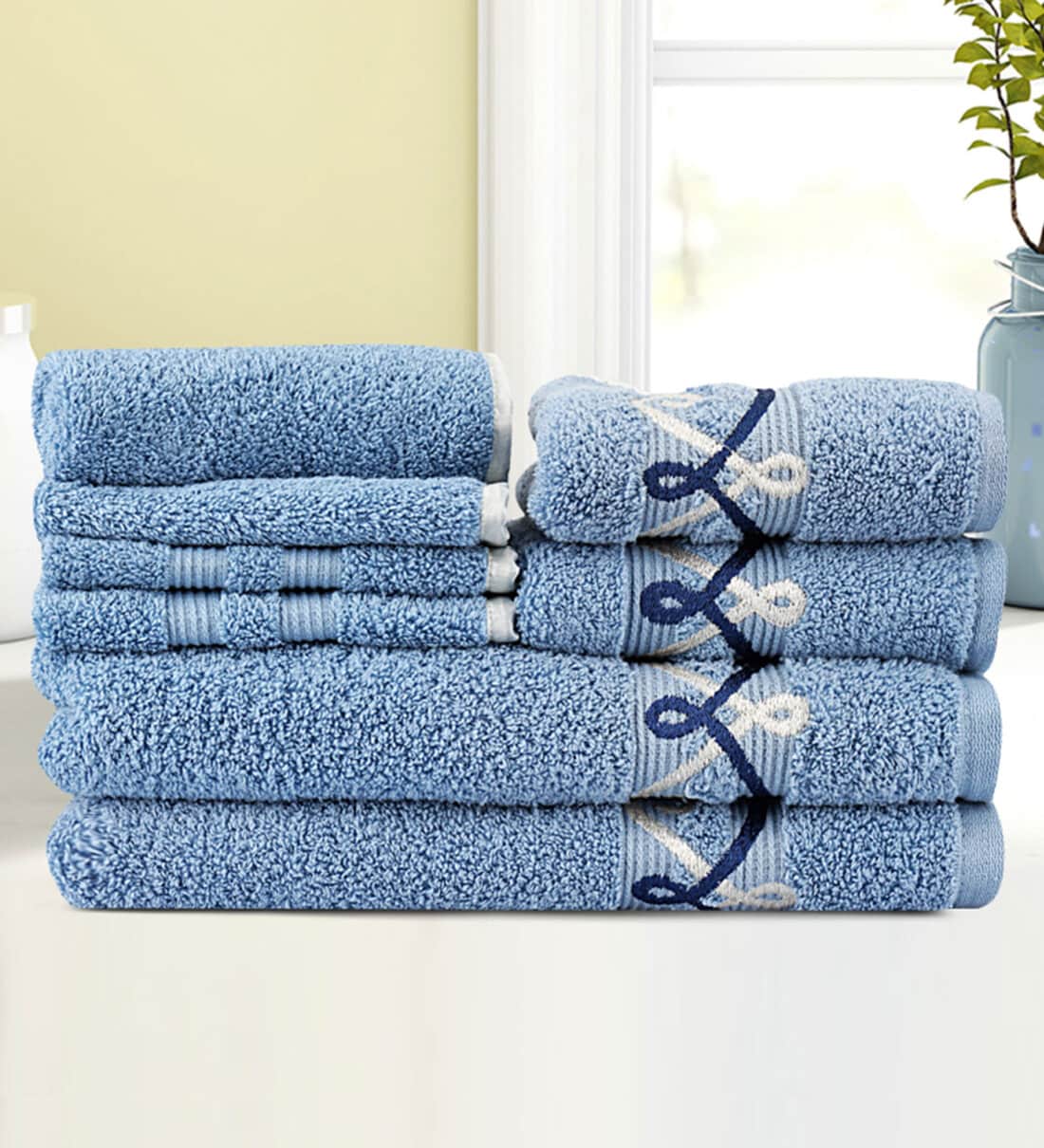 Buy Blue Cotton Patterned 500 GSM Towel Set 8 Pieces by Lush & Beyond at 60% OFF by LUSH ...