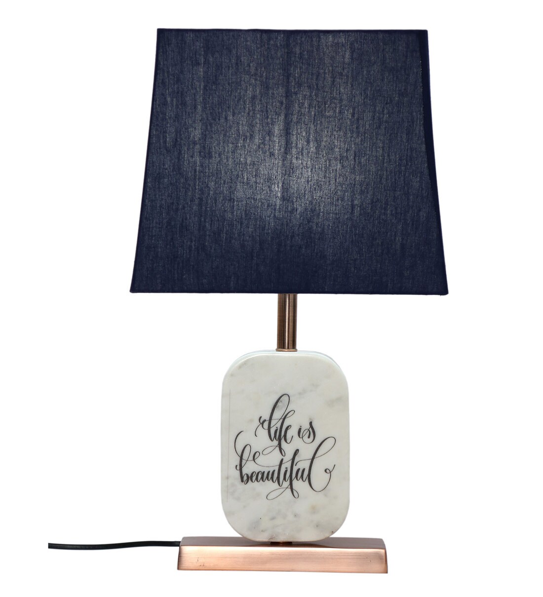 Buy Blue Fabric Shade Marble Table LED Lamp With Antique Copper Base By ...