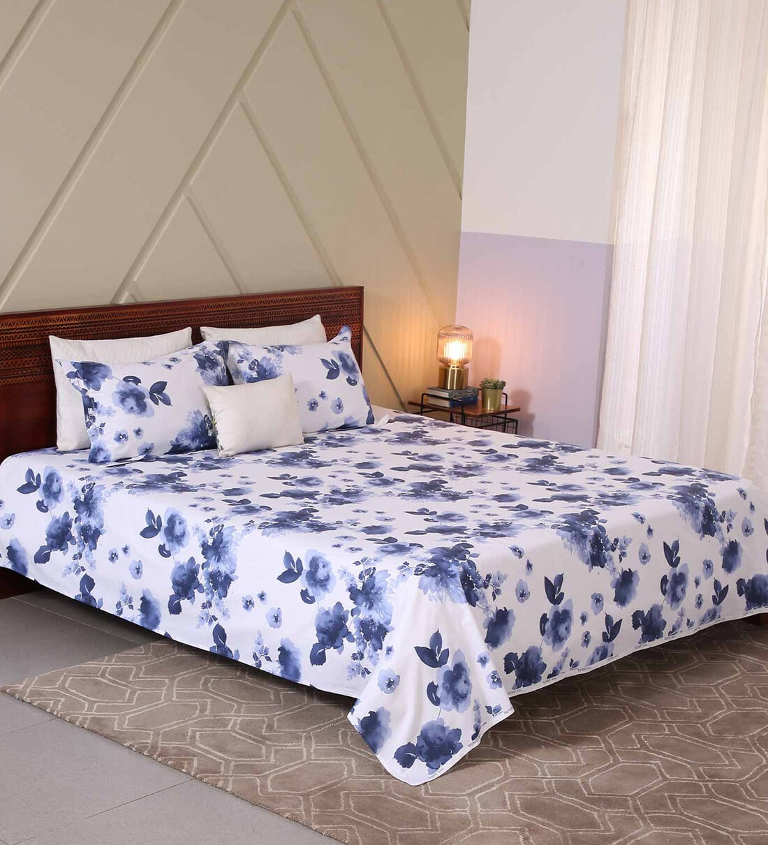 Buy Blue Floral 120 TC Cotton King Sized Bed Sheets with 2 Pillow ...