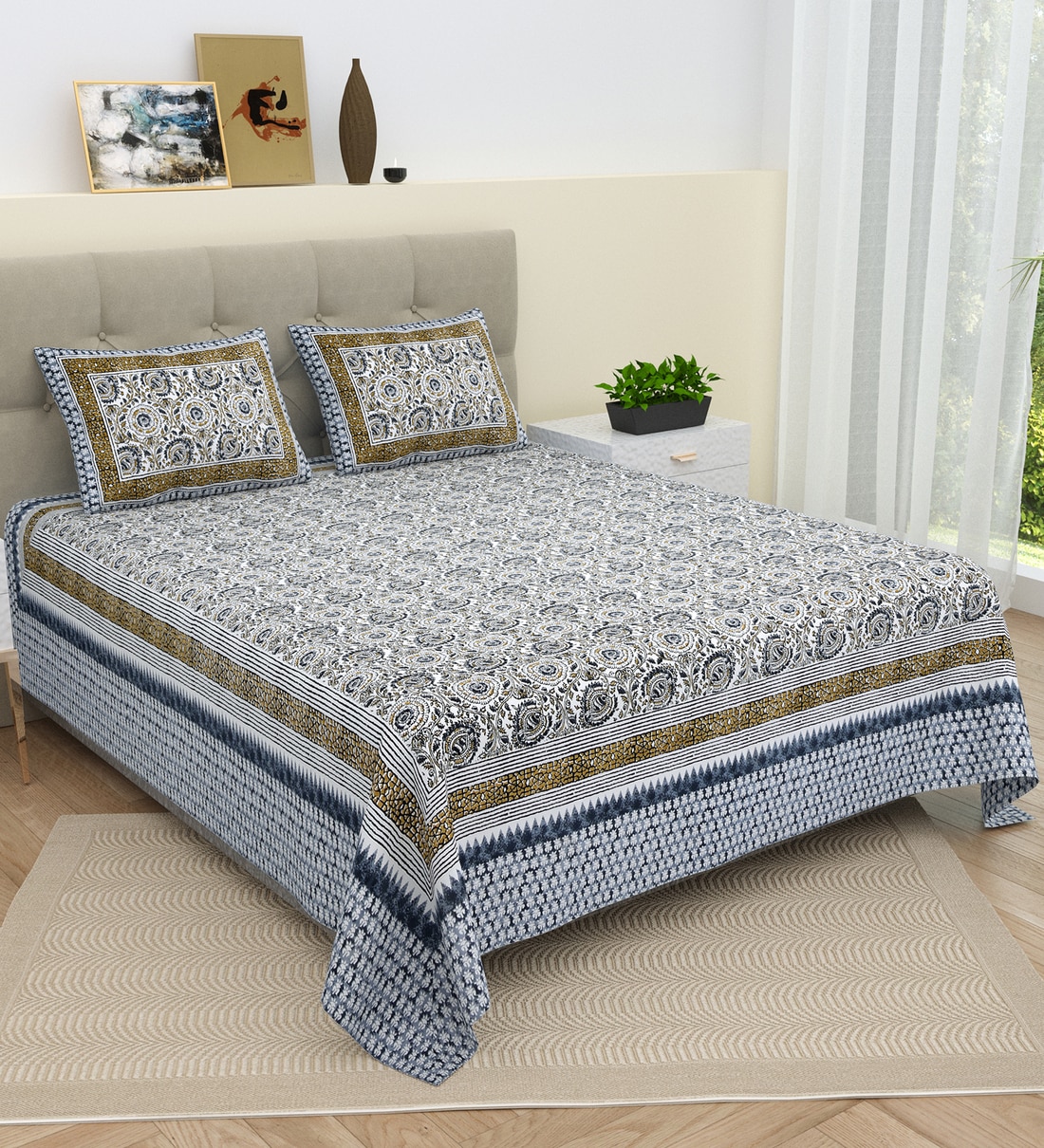 Buy Blue Floral 180 Tc Cotton 1 Double King Size Bedsheet With 2 Pillow