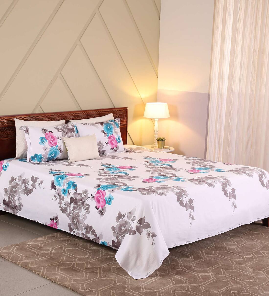 Buy Blue Floral 200 TC Cotton King Sized Bed Sheets with 2 Pillow ...