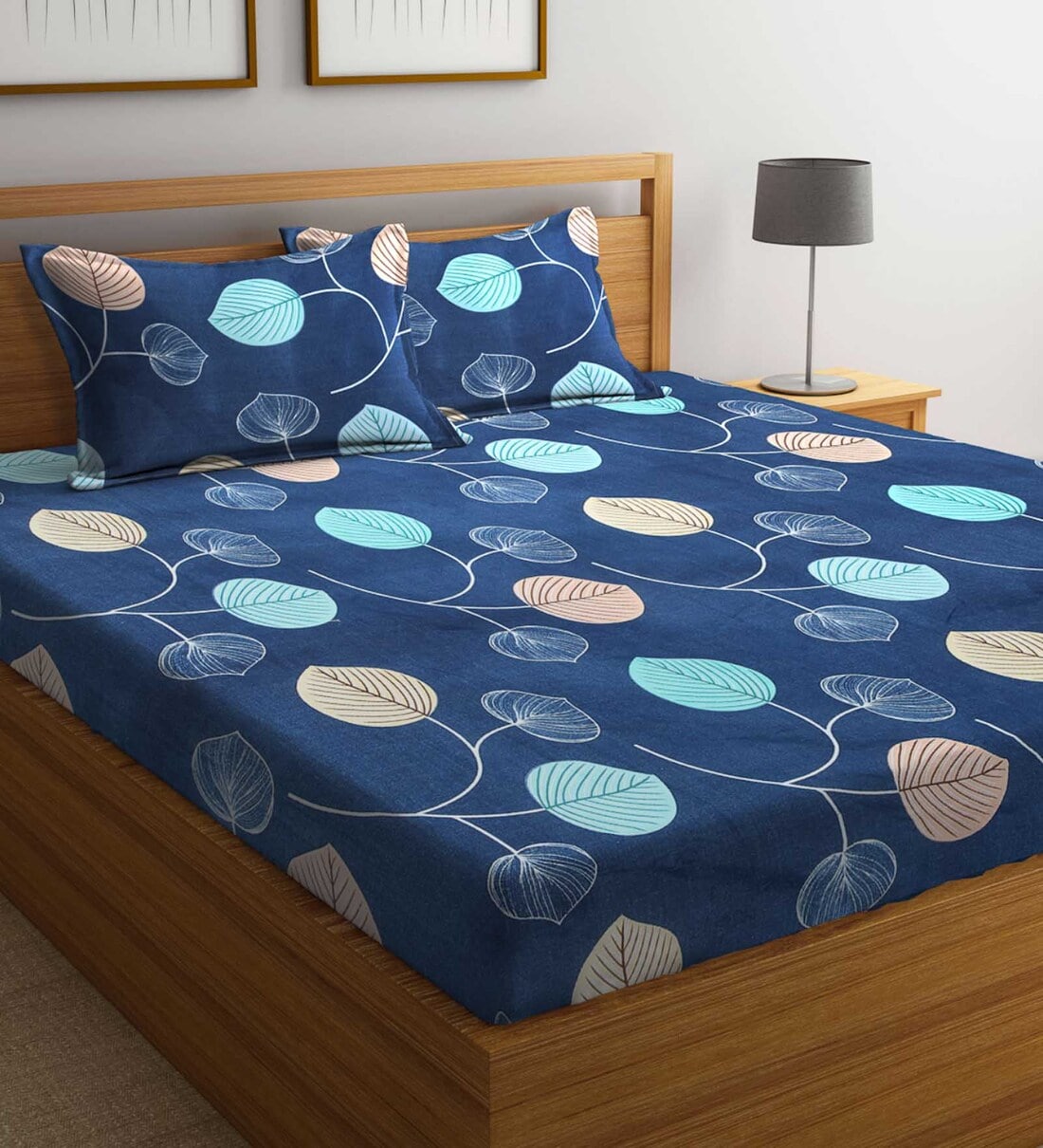 Buy Blue Floral 300 TC Cotton Blend Double Size Bedsheet With 2 Pillow ...