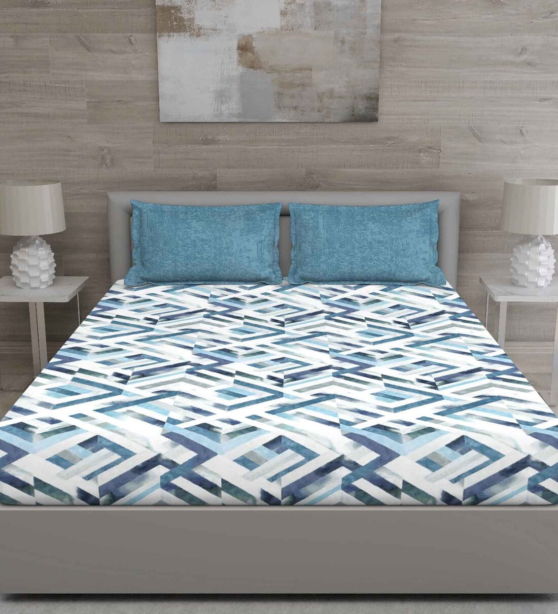 Buy Blue Geometric 150 TC Cotton Queen Sized Bedsheet with 2 Pillow ...