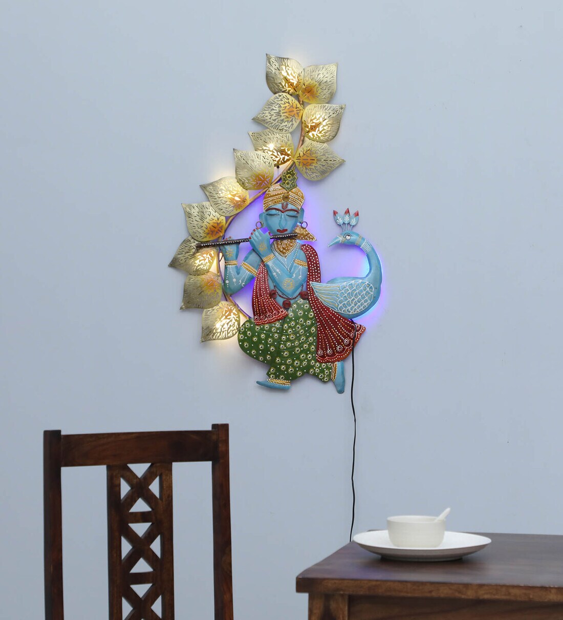 Buy Blue Iron Lord Krishna on Peacock with LED Metal Wall Art By B K ...