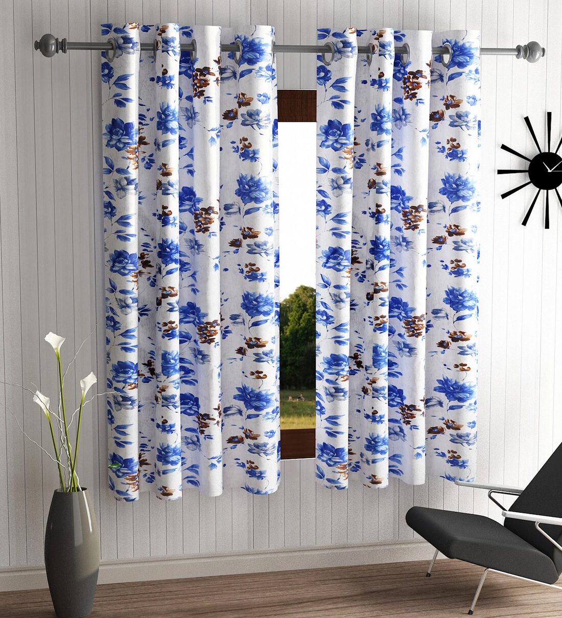 Buy Blue Floral Polyester 5 Ft Semisheer Eyelet Window Curtains (Set of ...