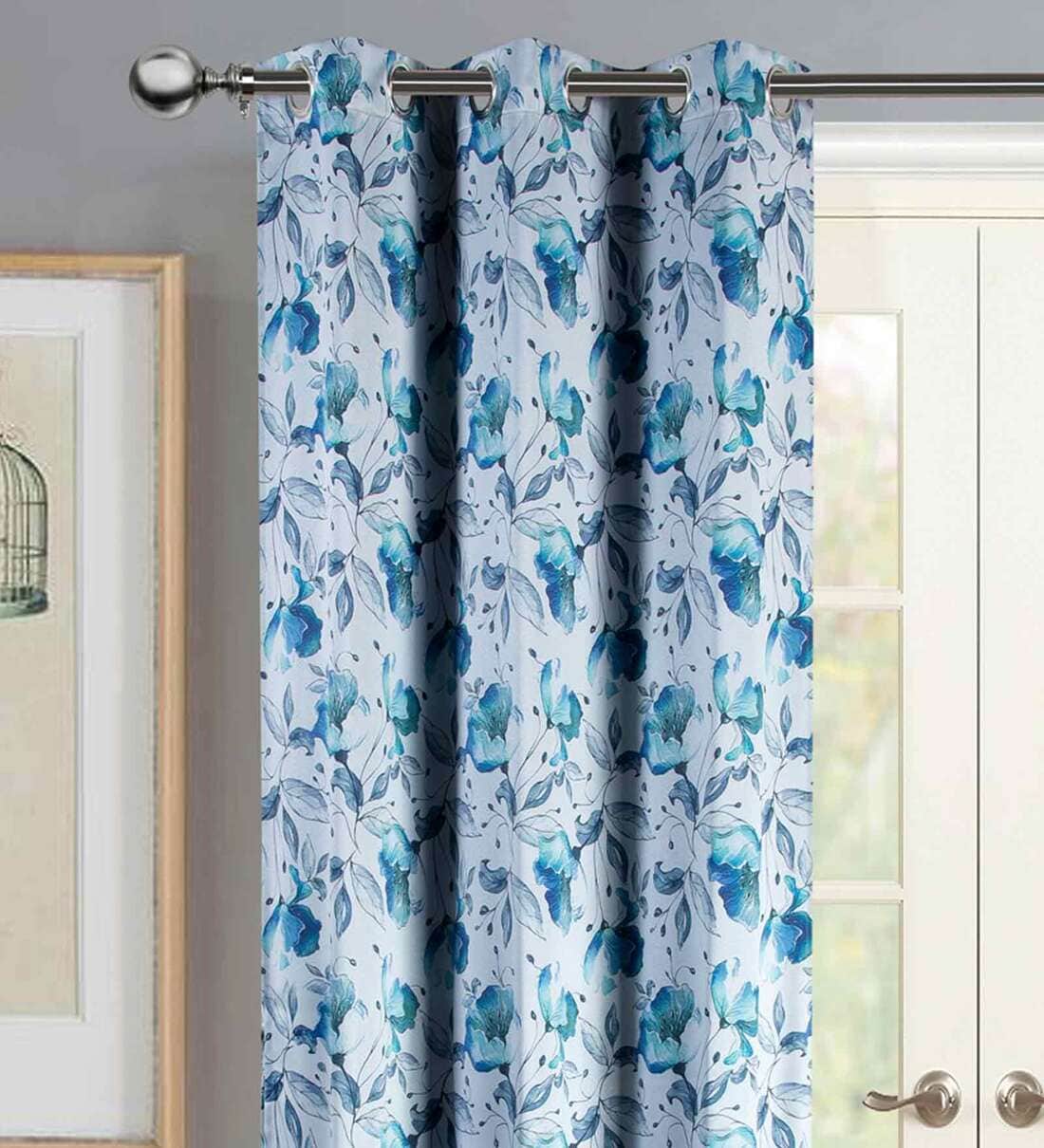 Buy Blue Polyester Floral 7 Ft Semisheer Eyelet 2 Door Curtains By Deco ...