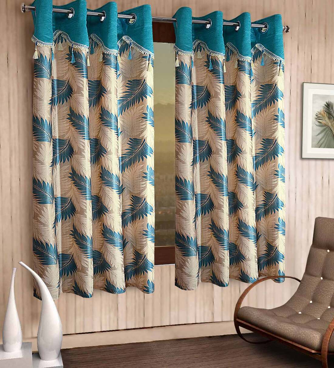 Buy Blue Floral Polyester 5 Ft Semisheer Eyelet Window Curtains (Set of ...