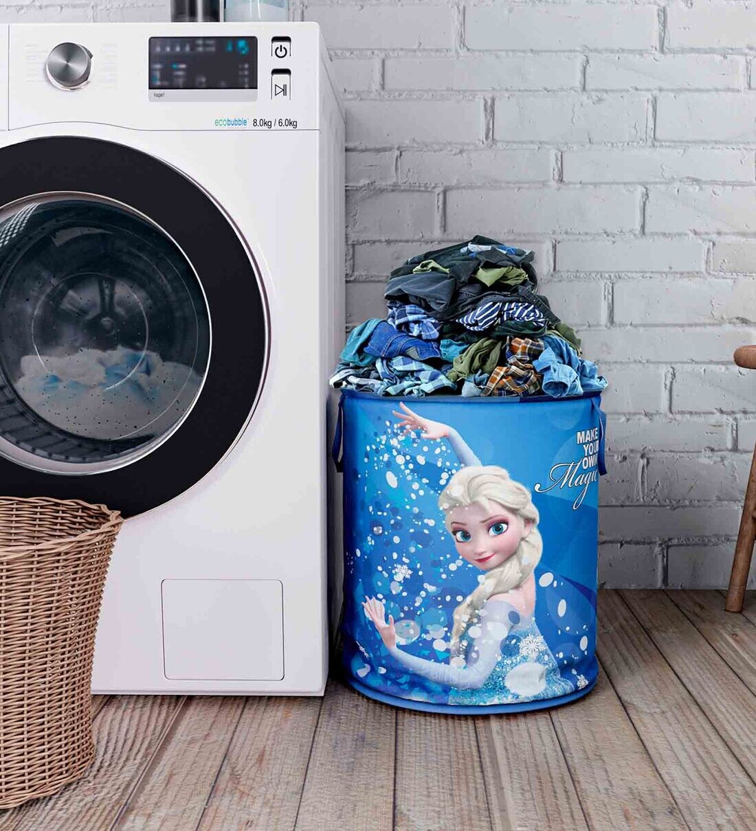 Buy Blue Frozen Polyester Foldable 45 Litre Laundry Basket (Set Of 2 ...