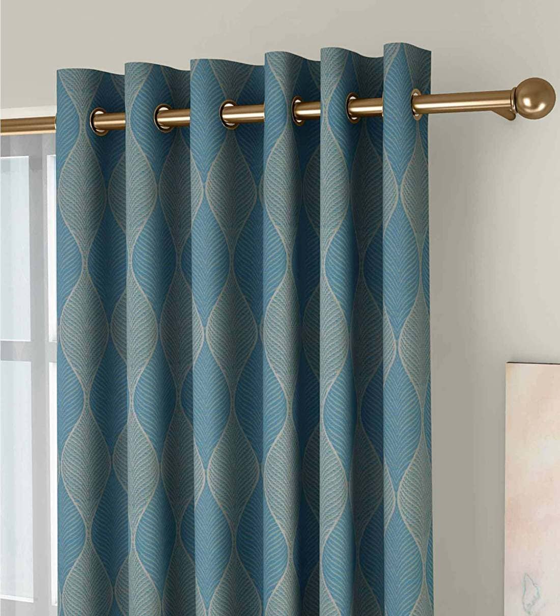 Buy Blue Geometric Poly Cotton 5 Ft Light Filtering Eyelet Window ...