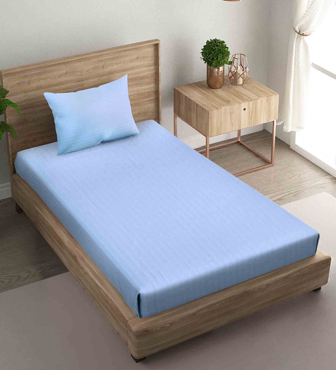 Buy Blue Striped 210 TC Satin Single Size Bedsheet With 1 Pillow Cover ...
