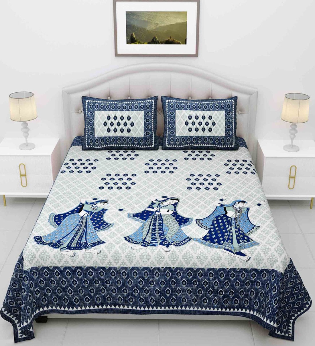 Buy Blue Traditional 250 TC Cotton King Sized Bedsheet with 2 Pillow ...