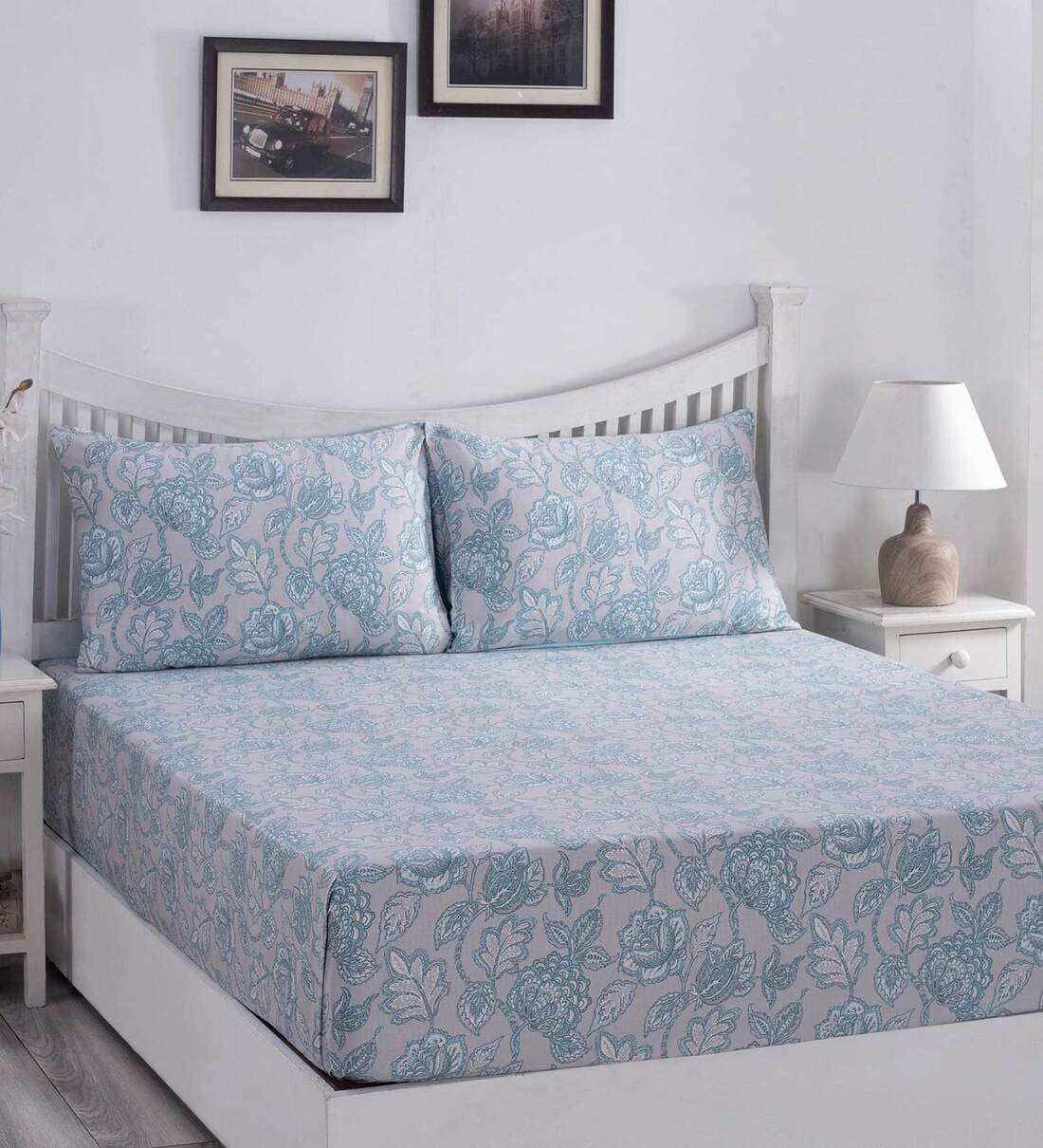Buy Blue Traditional 210 TC 100% Cotton King Sized Bed Sheets with 2 ...
