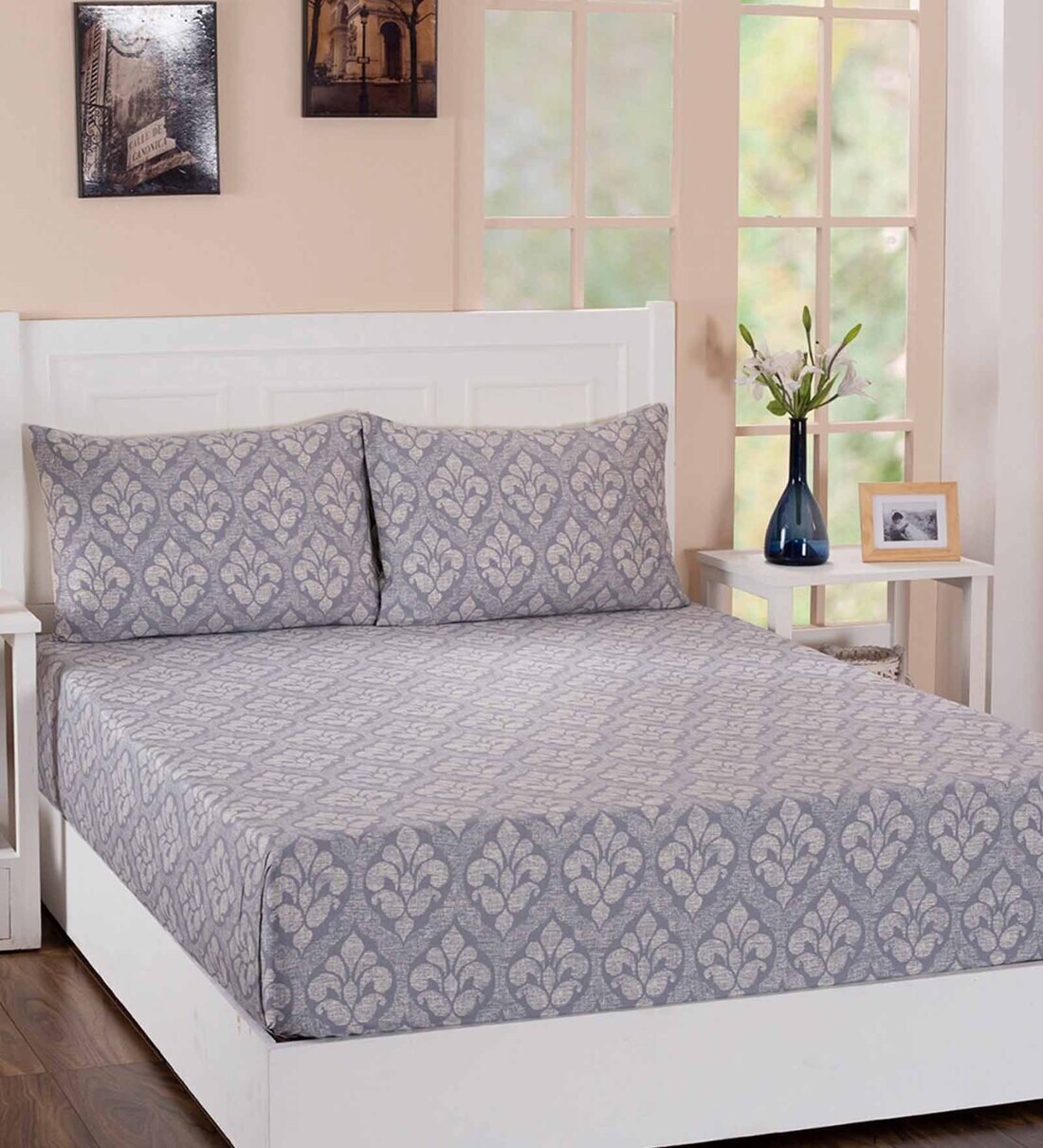 Buy Blue Traditional 210 TC Cotton 1 Single Bedsheet With 1 Pillow ...