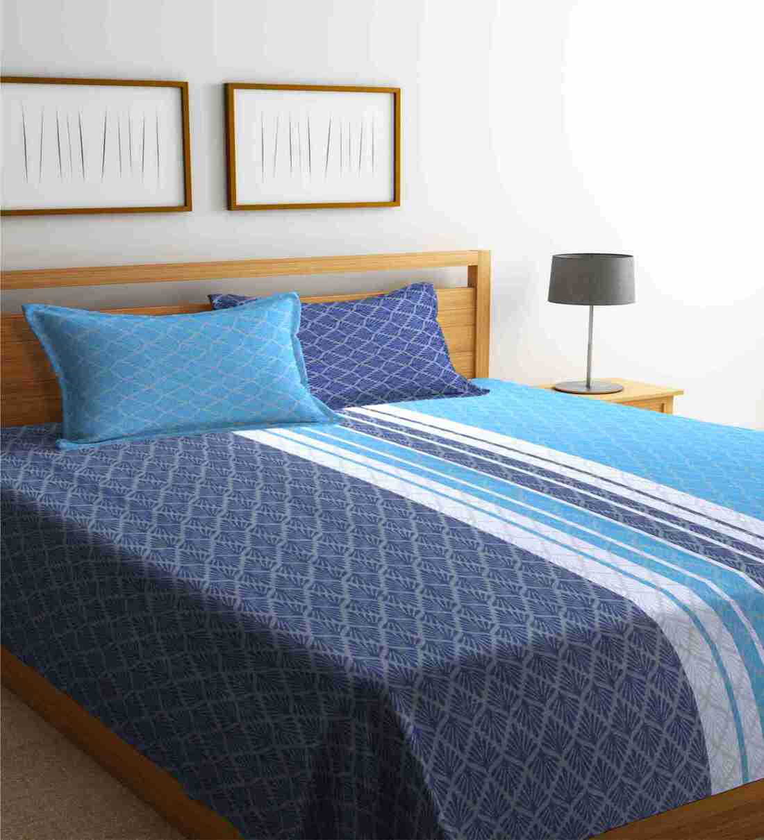 Buy Blue Traditional 300 TC Cotton Double Bed Cover with 2 Pillow ...
