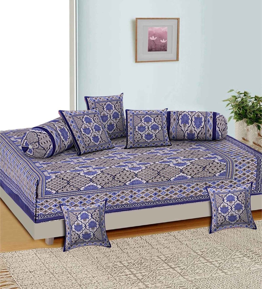 Buy Blue Traditional Cotton 1 Bedsheet with 5 Cushions Covers and 2 ...