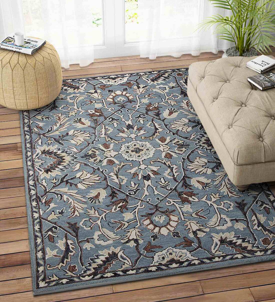 Buy Blue Floral Wool 5 ft x 8 ft Hand Tufted Carpet by Imperial Knots ...