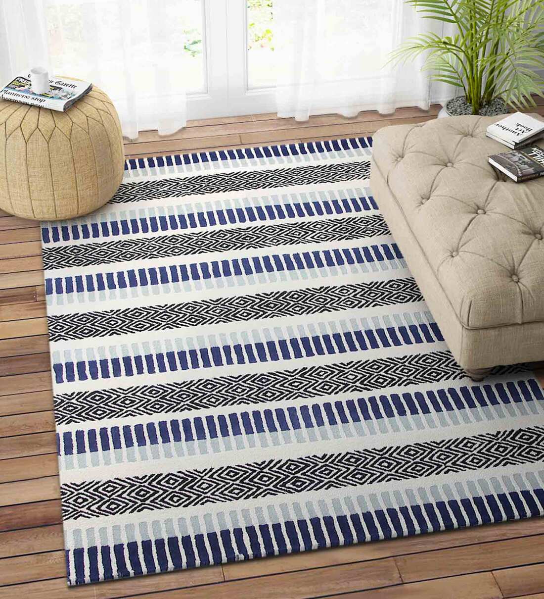 Buy Blue Striped Wool 5 ft x 8 ft Hand Tufted Carpet by Imperial Knots ...
