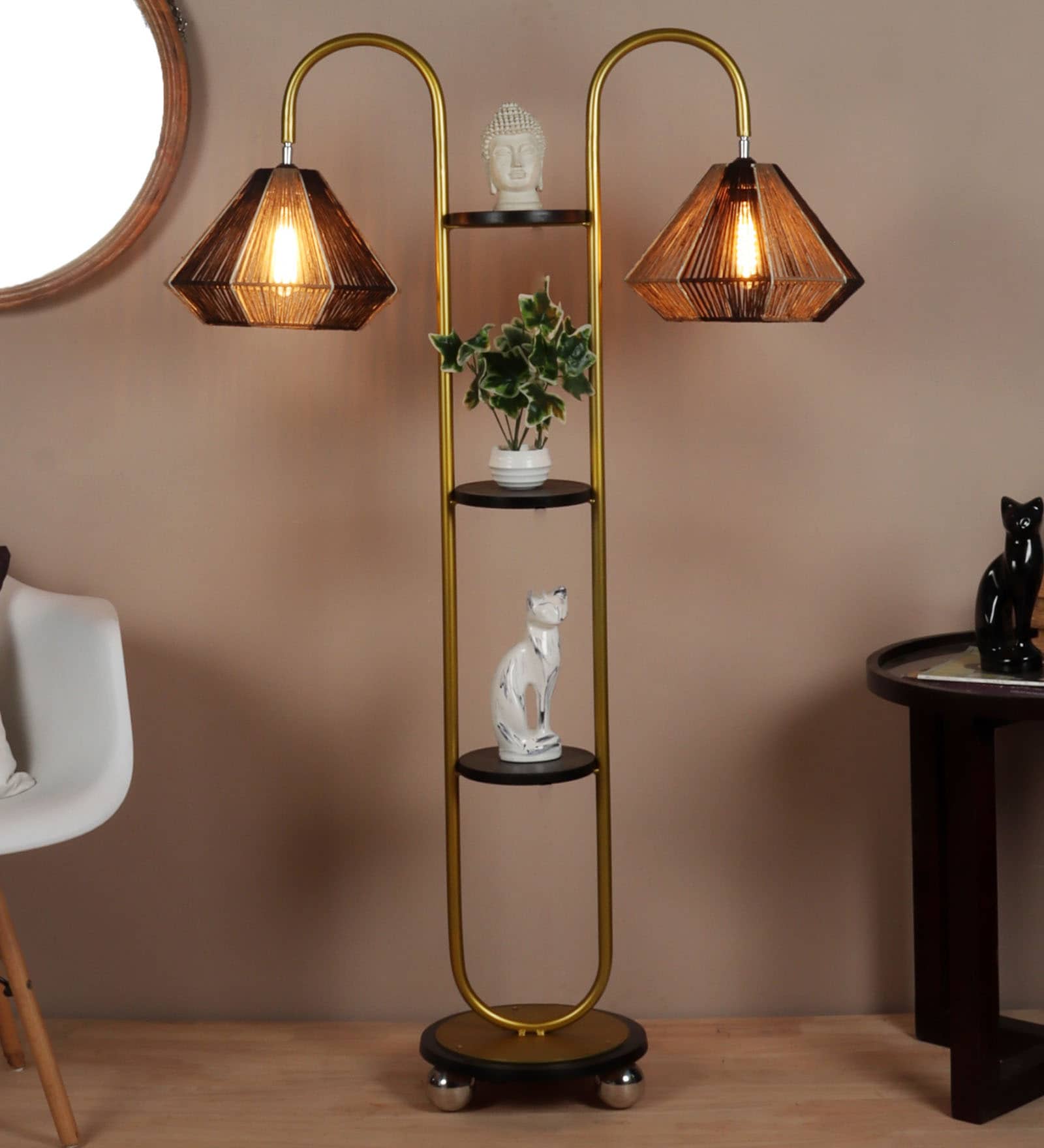 Buy Classic Black & Gold Rope Shade Shelf Floor Lamp With Metal Base By ...