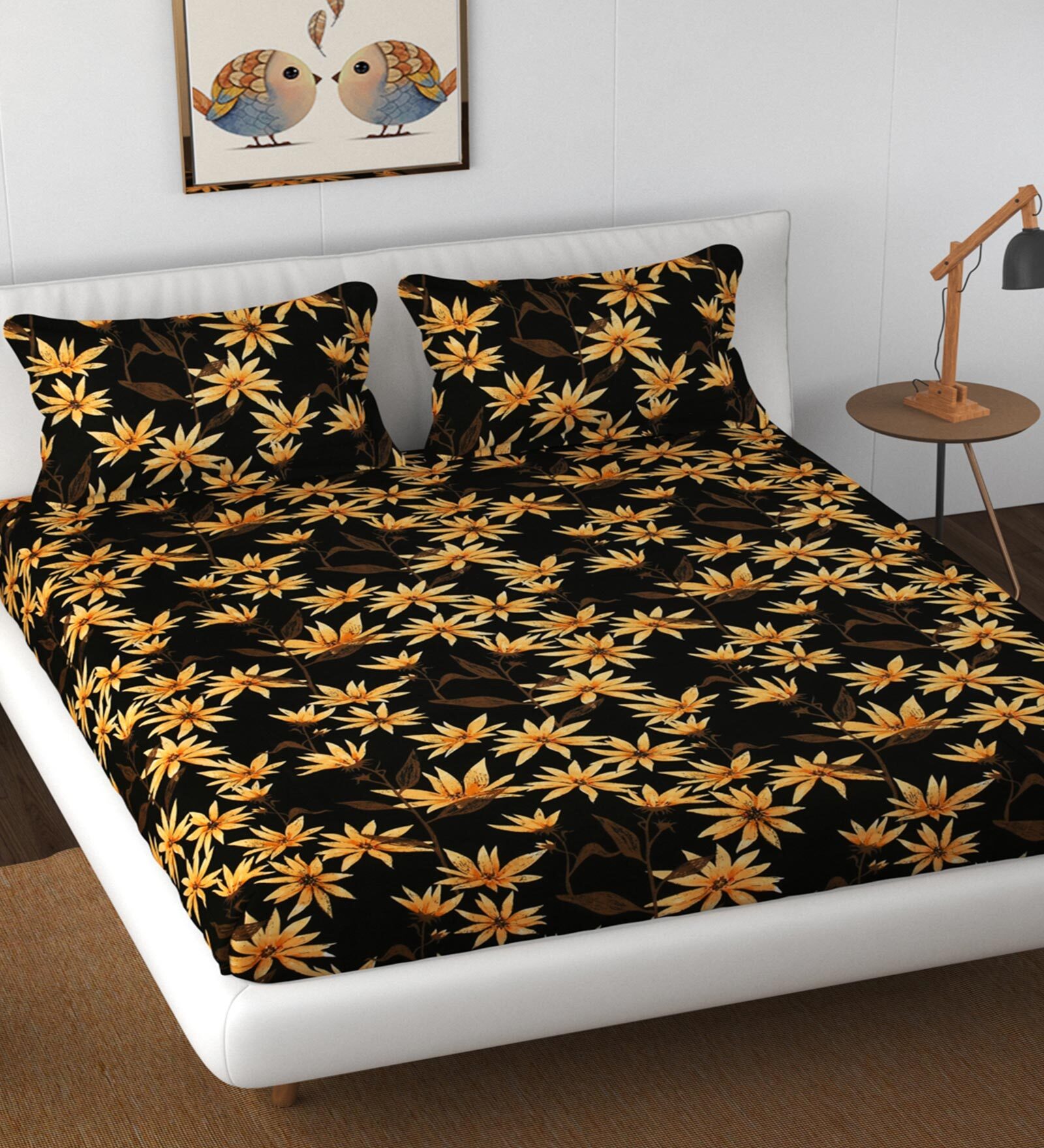 Buy Black Floral 160 TC Poly Cotton King Sized Fitted Bed Sheets with 2 ...